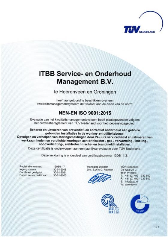 ITBB Service- en Onderhoud NEN-EN ISO 9001 2015 - ITBB Toppers in Techniek
